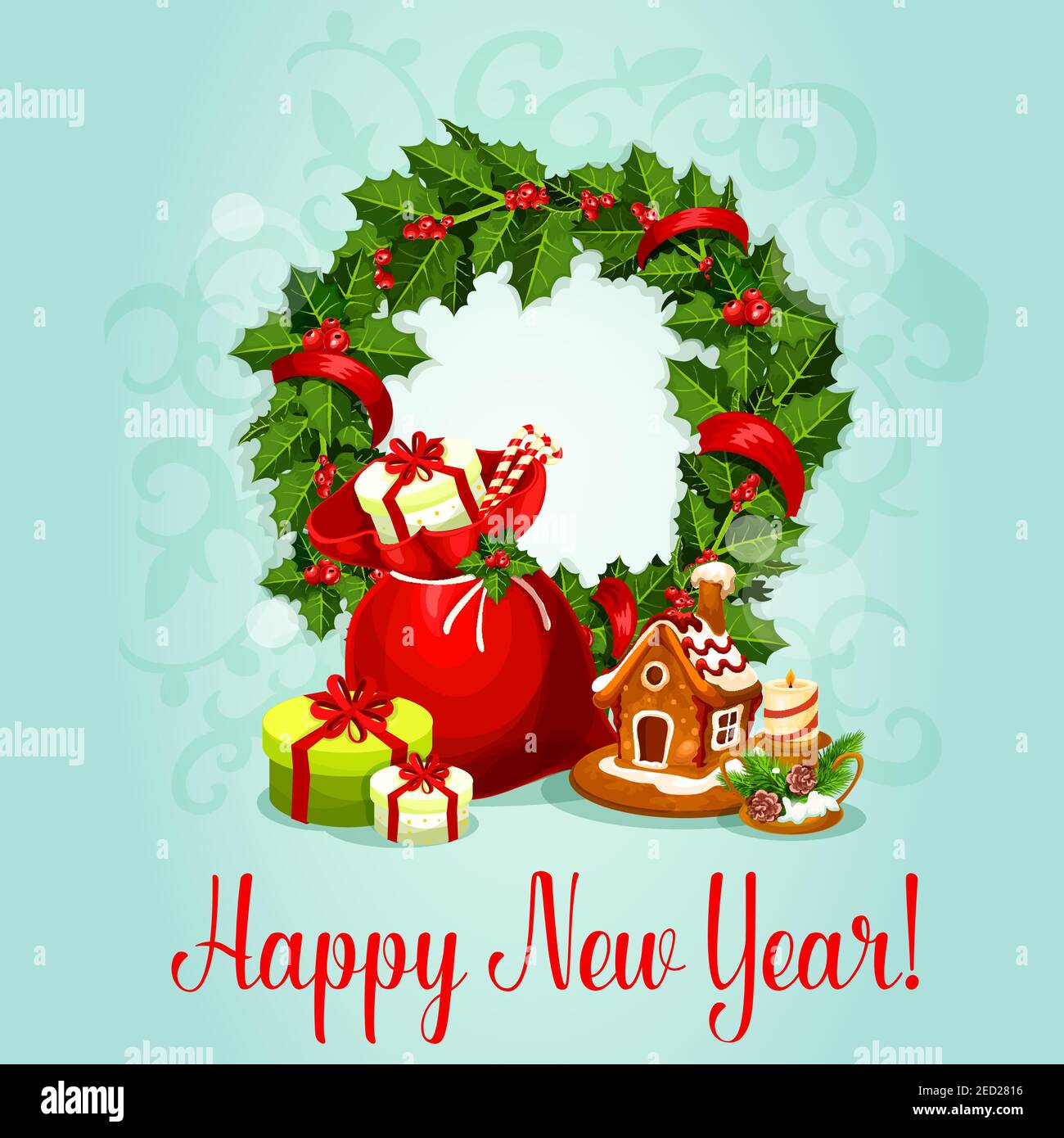 New Year greeting card with holly berry wreath, santas gift bag with ...