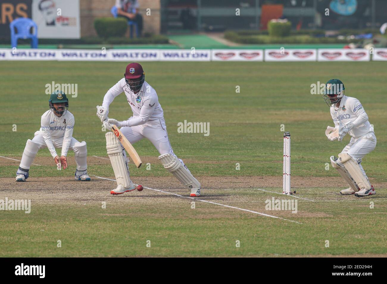 West Indies' Kyle Mayers plays a shot during the fourth day of the ...