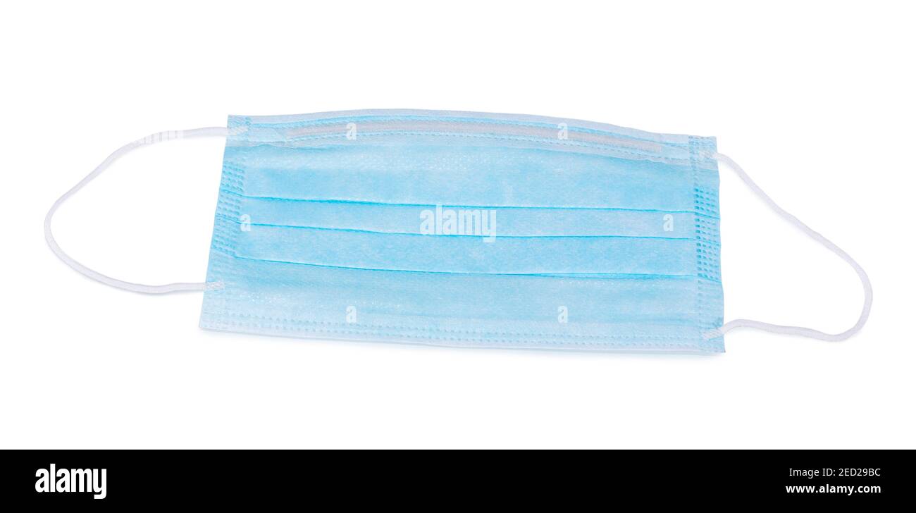 Blue ear loop surgical face masks isolated on white background with ...