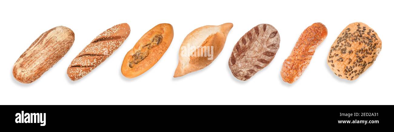 Round bread set in the row isolated. Top view isolated on white ...
