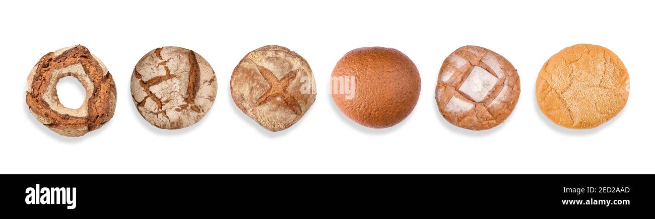Round bread set in the row isolated. Top view isolated on white ...