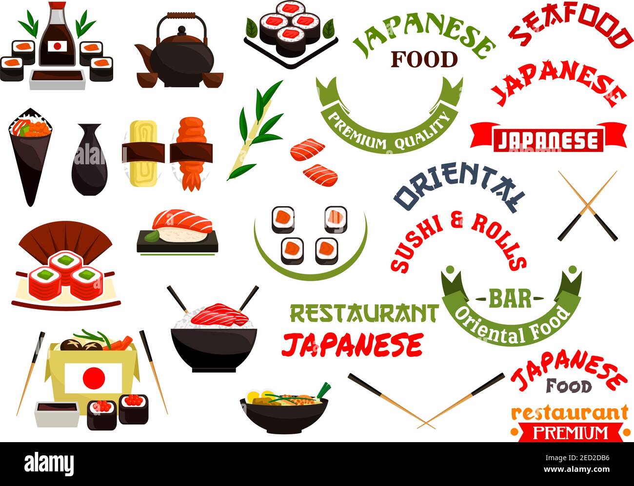 Japanese cuisine vector labels, ribbons for oriental seafood restaurant ...