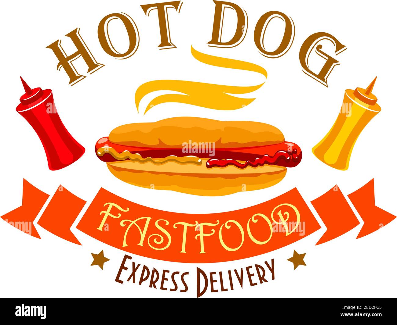 Hot dog sign of fast food sandwich with sausage, ketchup and mustard ...