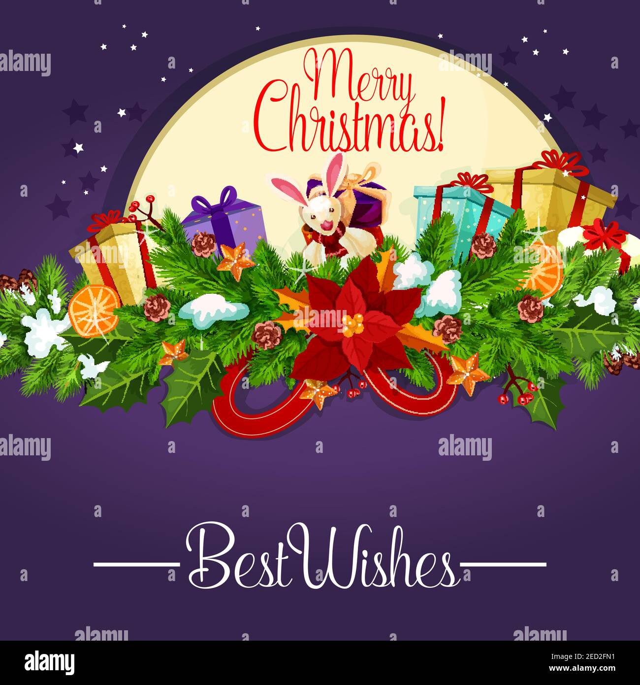 Merry Christmas greeting card with holly berry and pine tree garland ...