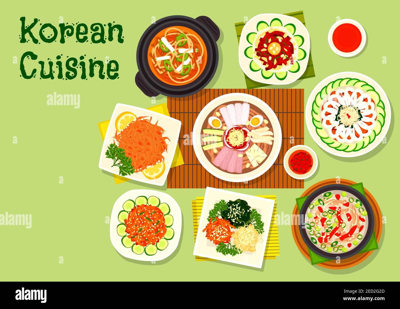 Korean cuisine asian dishes icon with pyongyang cold noodles, kimchi ...