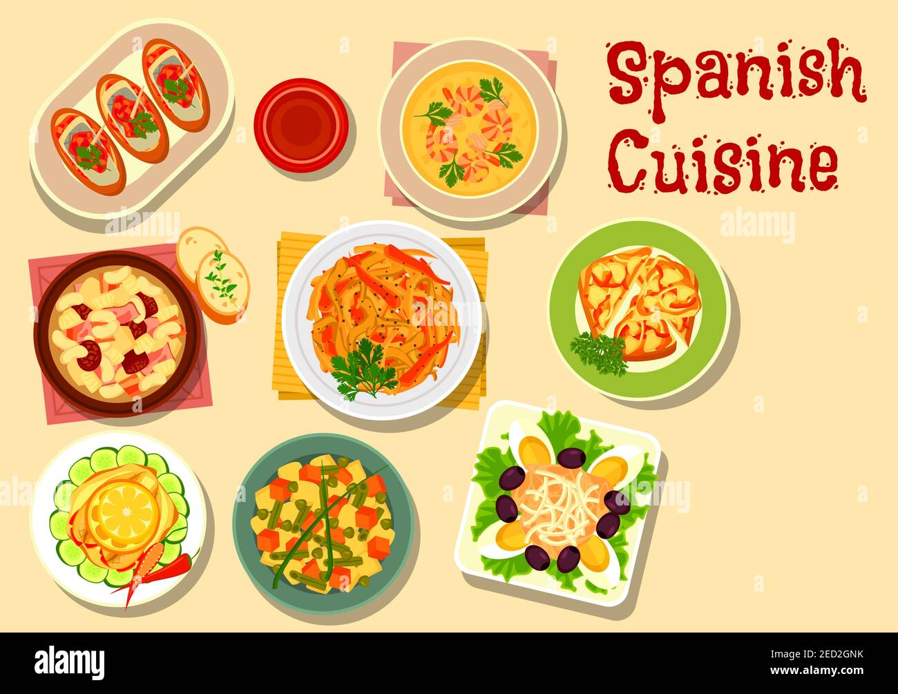 Spanish cuisine lunch icon with onion tapas, fish sandwich, grilled ...