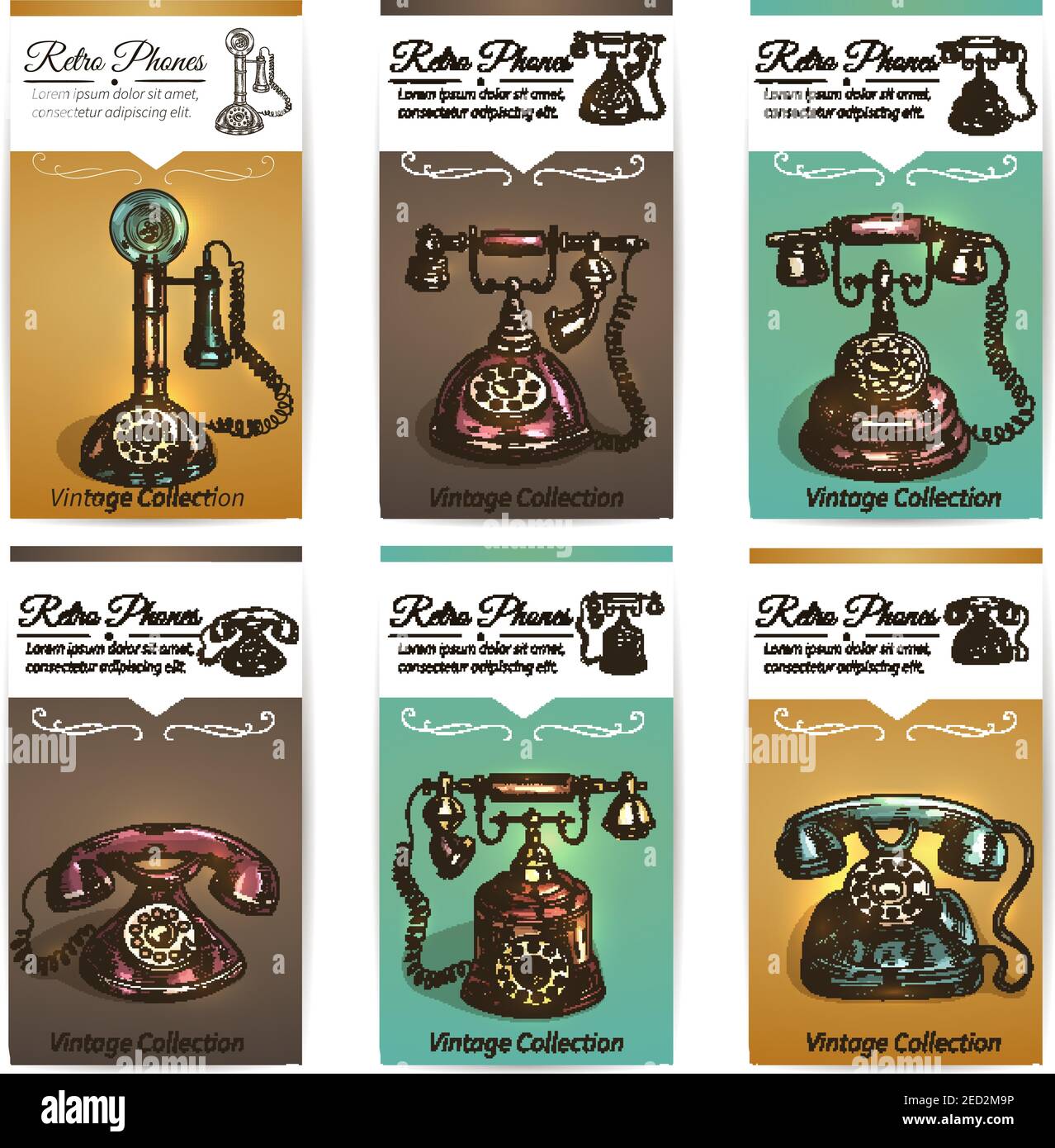 Old vintage retro phones with receivers, dials, wires. Banners and ...