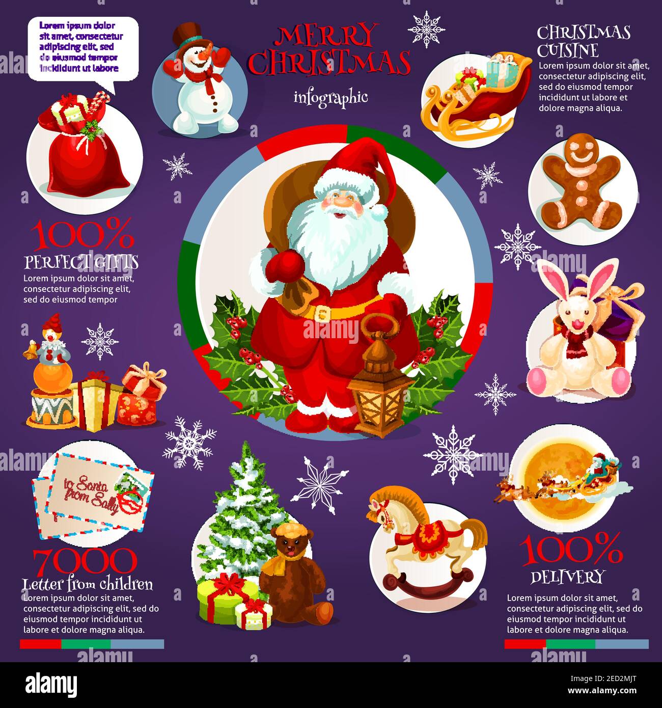 Christmas and winter holidays infographic. Santa Claus with gift bag ...
