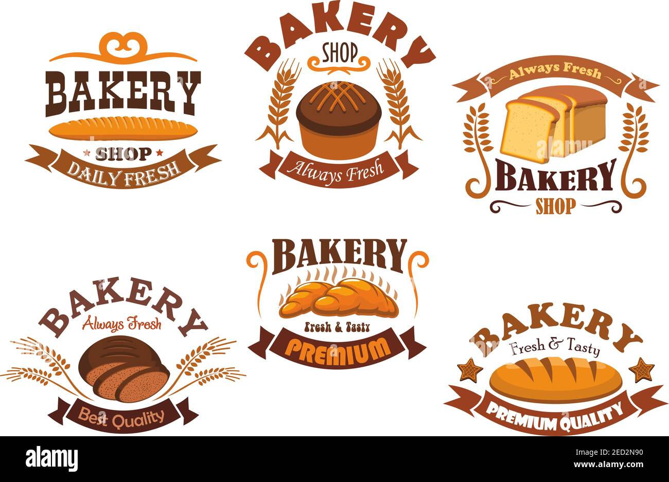 Bakery shop badge set of bread, french baguette, croissant, rye bread ...