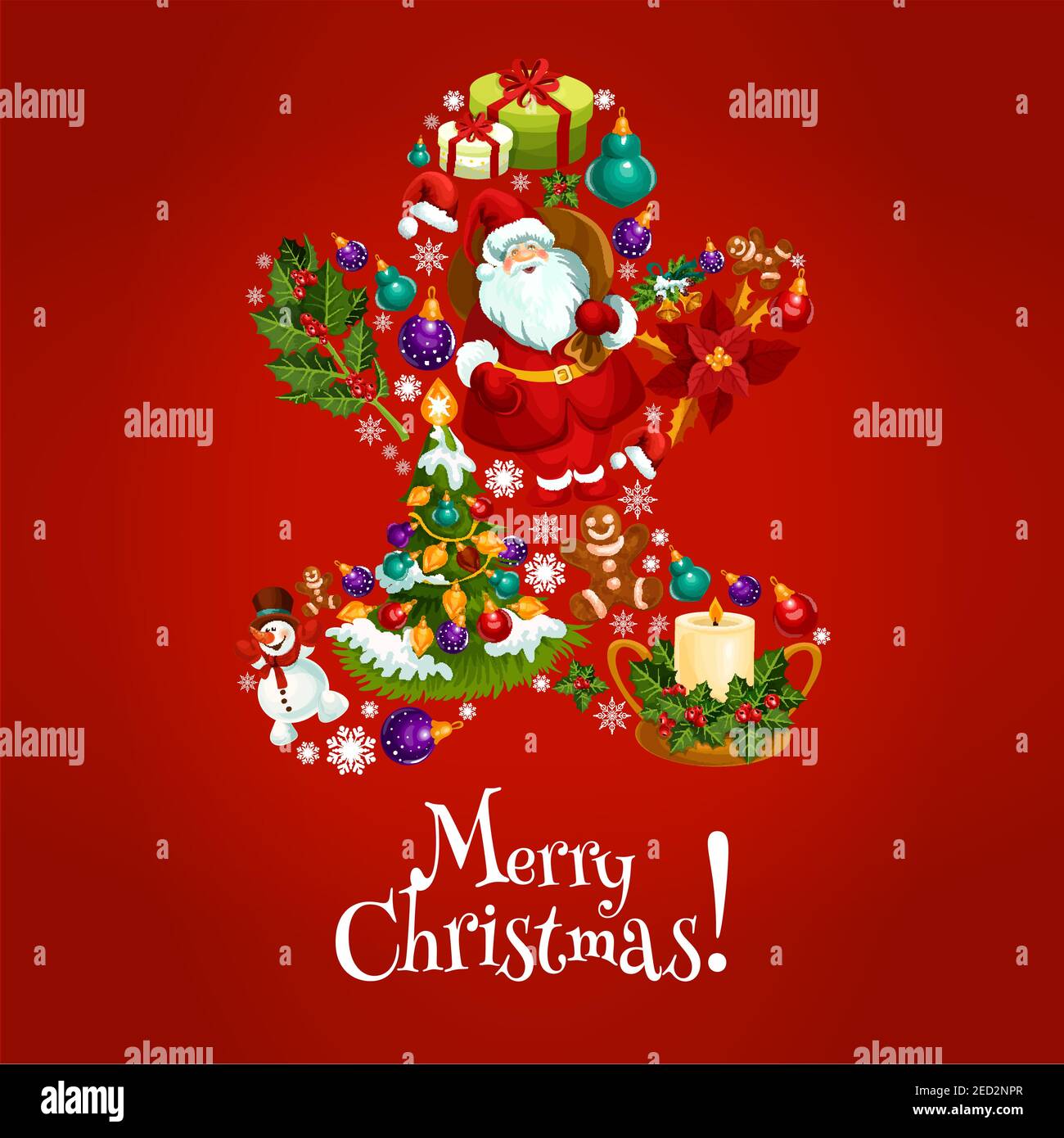 Christmas gingerbread man made up of Santa Claus, xmas tree with bauble ...