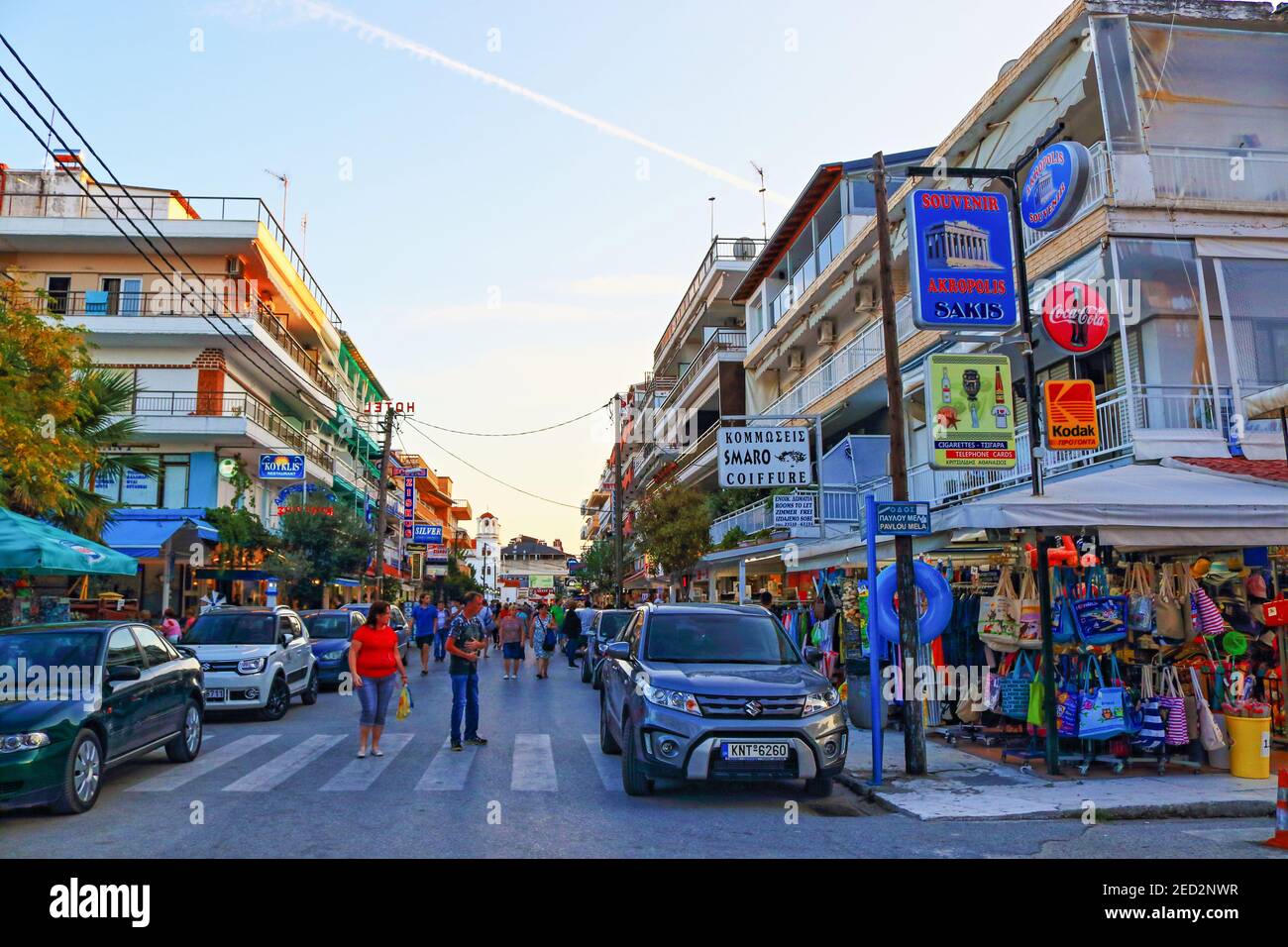 View of the main street of Paralia. Paralia is a tourist seaside ...