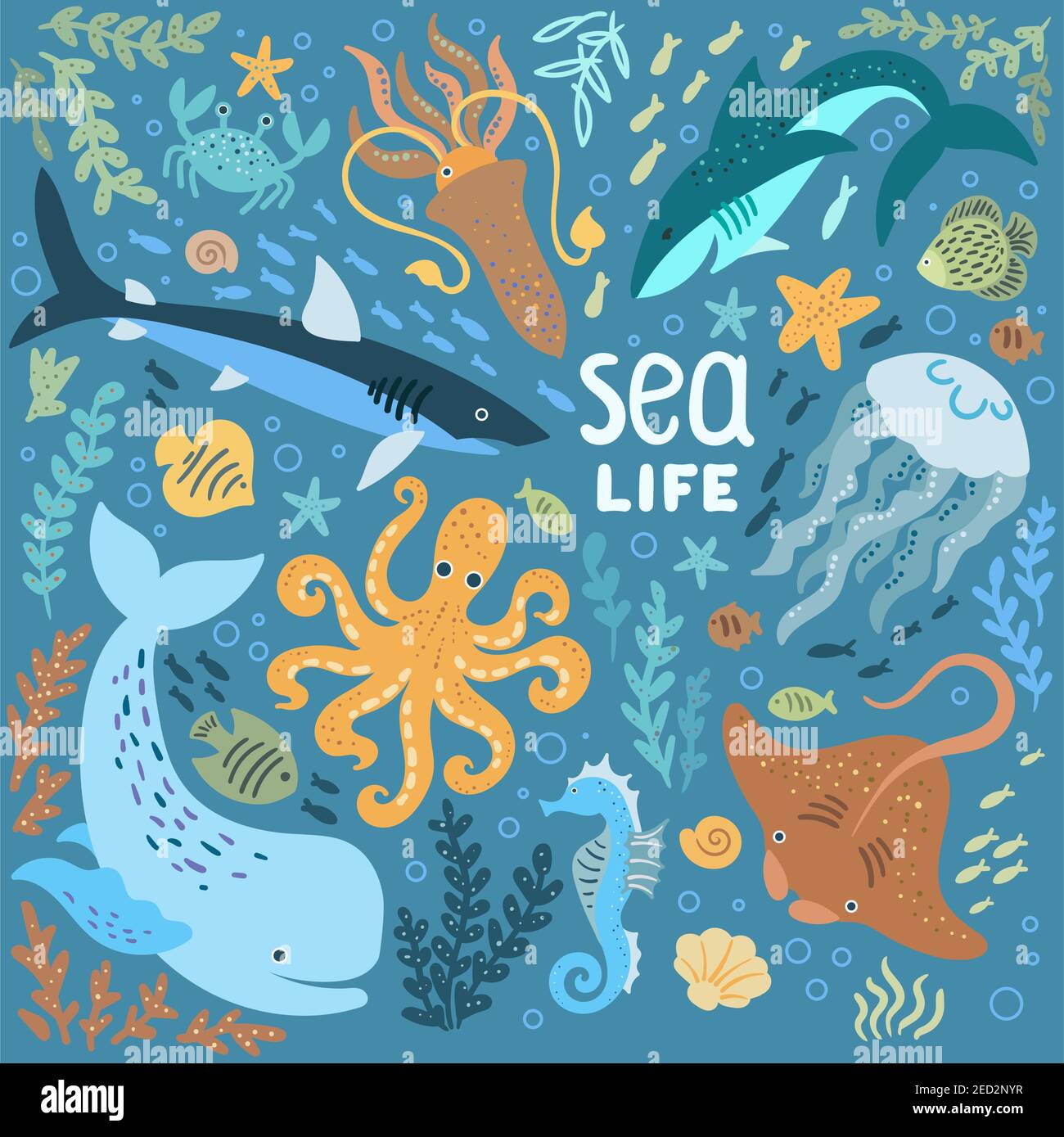 Sea world. Cartoon illustration of the underwater world. Vector Stock ...