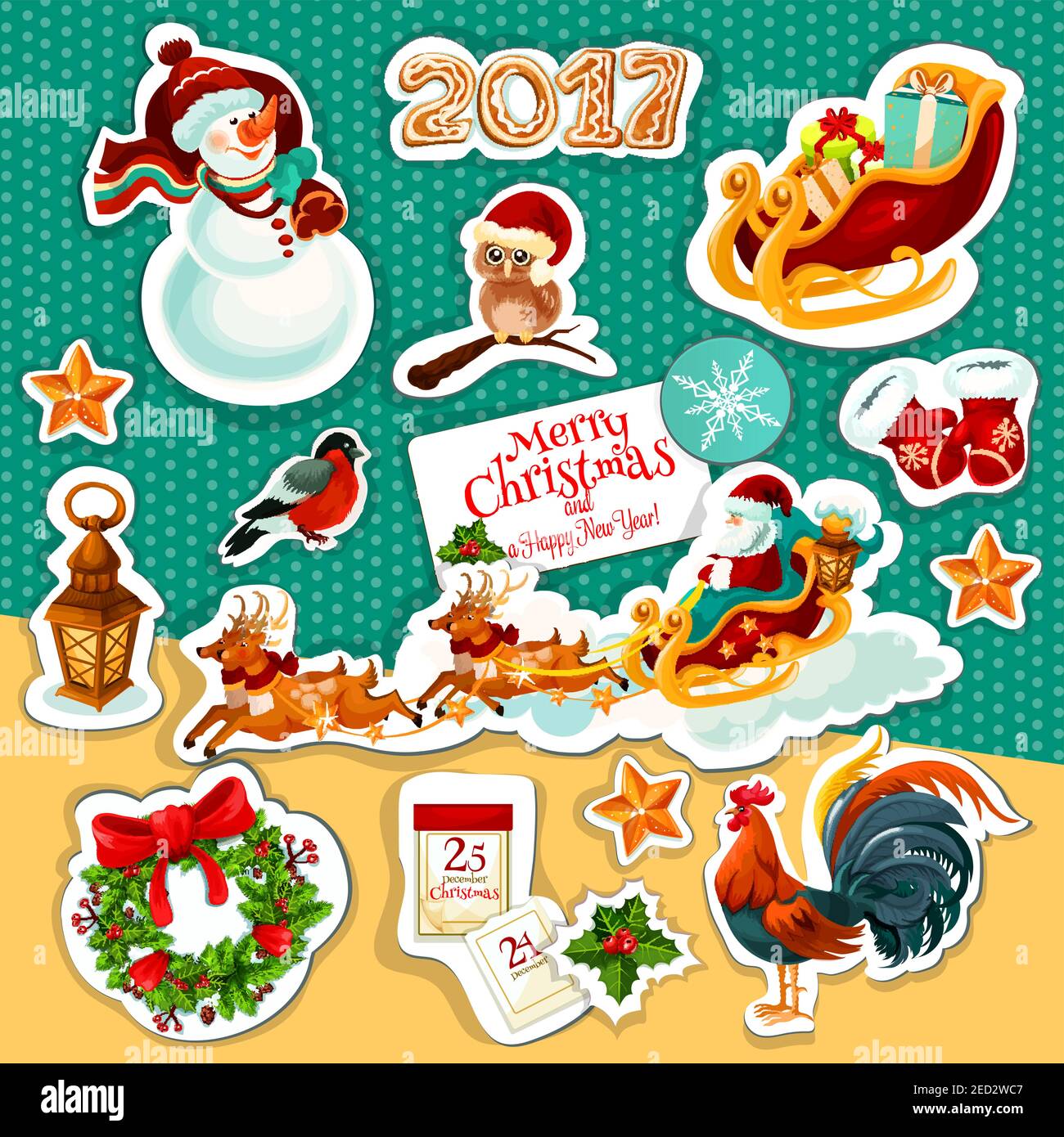 Christmas and New Year holiday sticker set with Santa Claus in sleigh ...