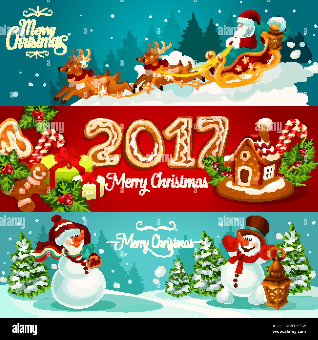 Christmas holiday banner set with gift box and gingerbread house with ...