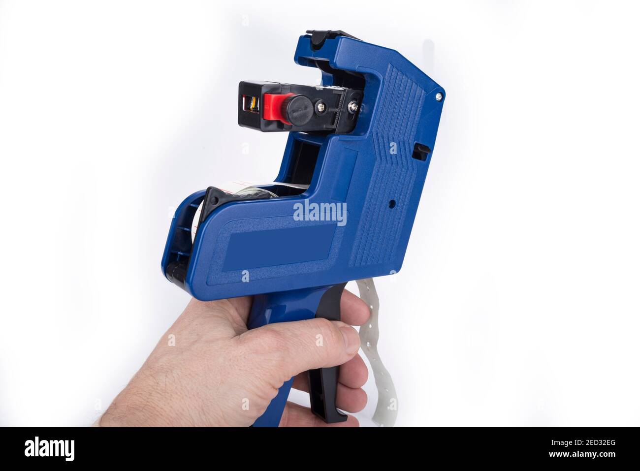Blue price gun on a white background Stock Photo - Alamy