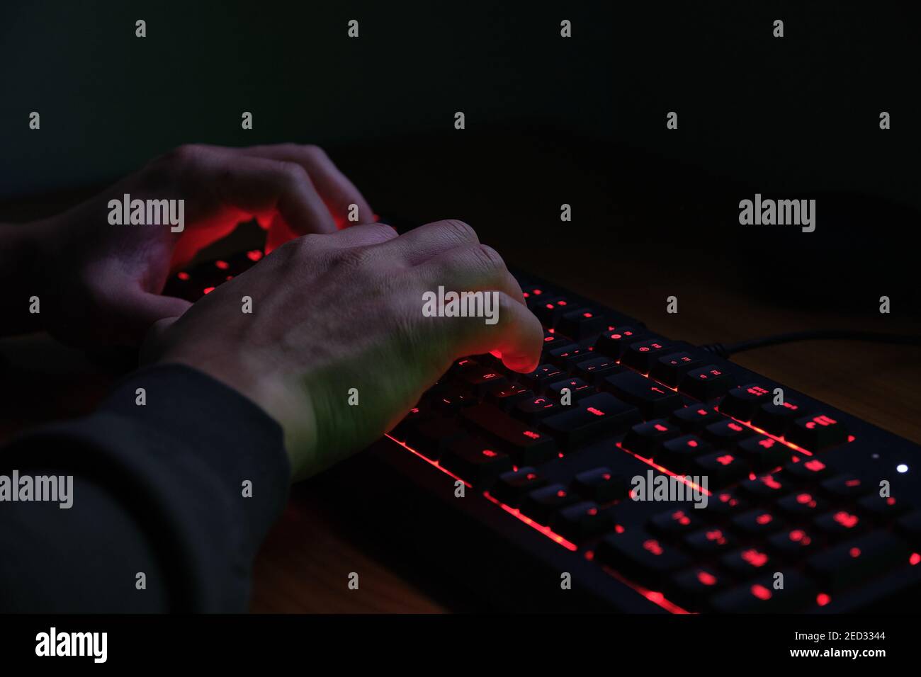Hands Typing On A Red Lighting Keyboard On Dark Background Cyber