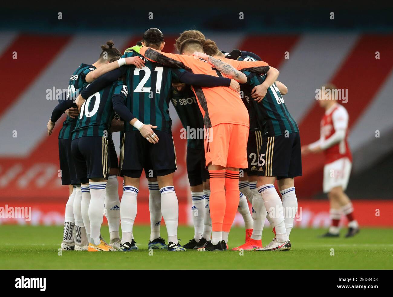 Leeds United players huddle before the Premier League match at The ...