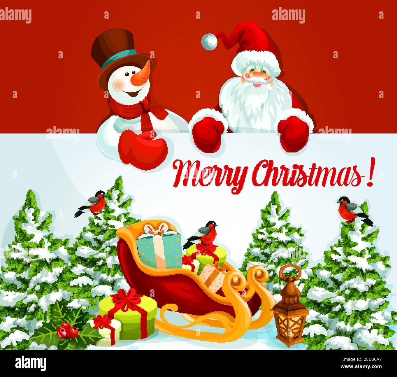 Christmas holiday poster. Santa Claus and snowman showing banner with ...