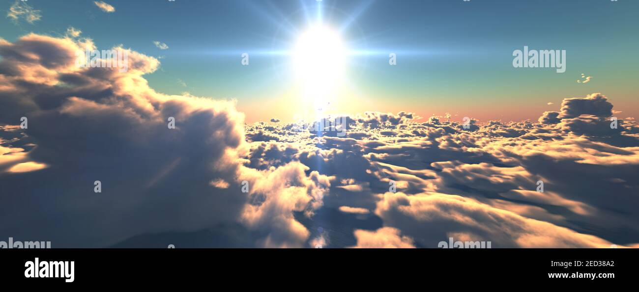 above clouds fly sunset sun ray illustration, 3d render Stock Photo - Alamy