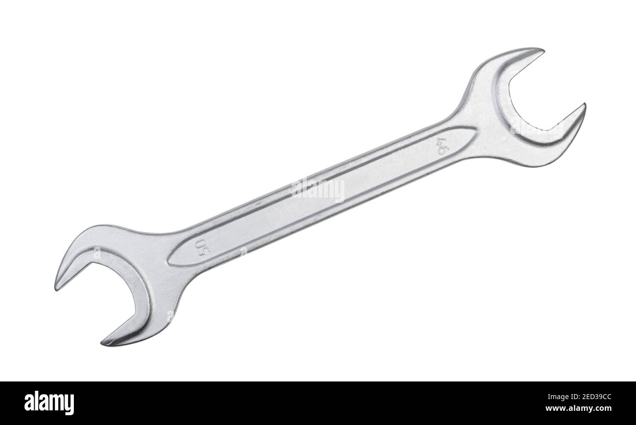 Large metal wrench isolated on white. Top view Stock Photo - Alamy