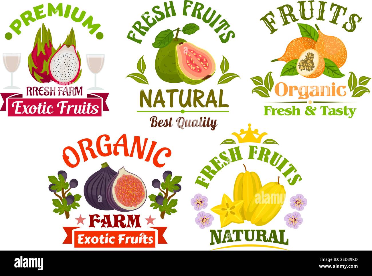 Fruits icons and signs set. Fresh juicy natural organic fruits guava ...