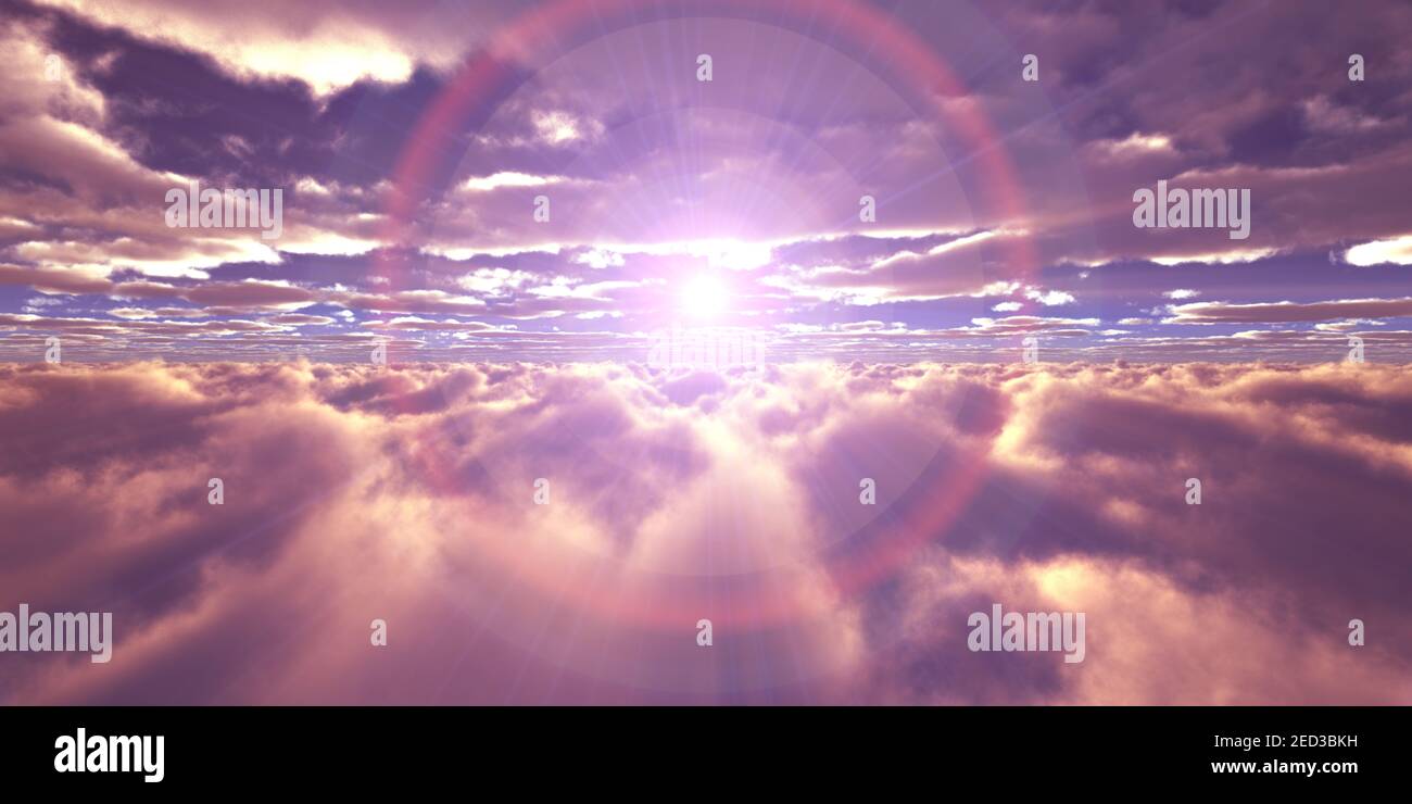 above clouds fly sunset sun ray illustration, 3d render Stock Photo - Alamy