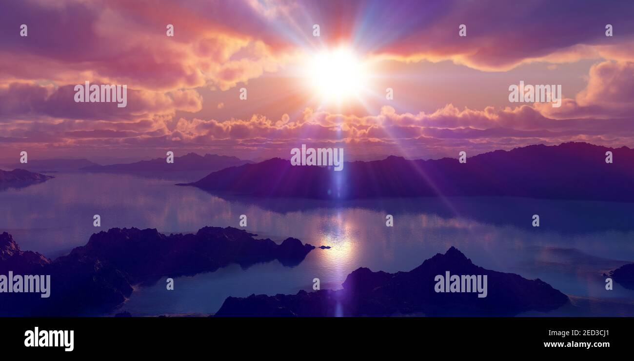 above islands in sea sunset, illustration 3d rendering Stock Photo - Alamy
