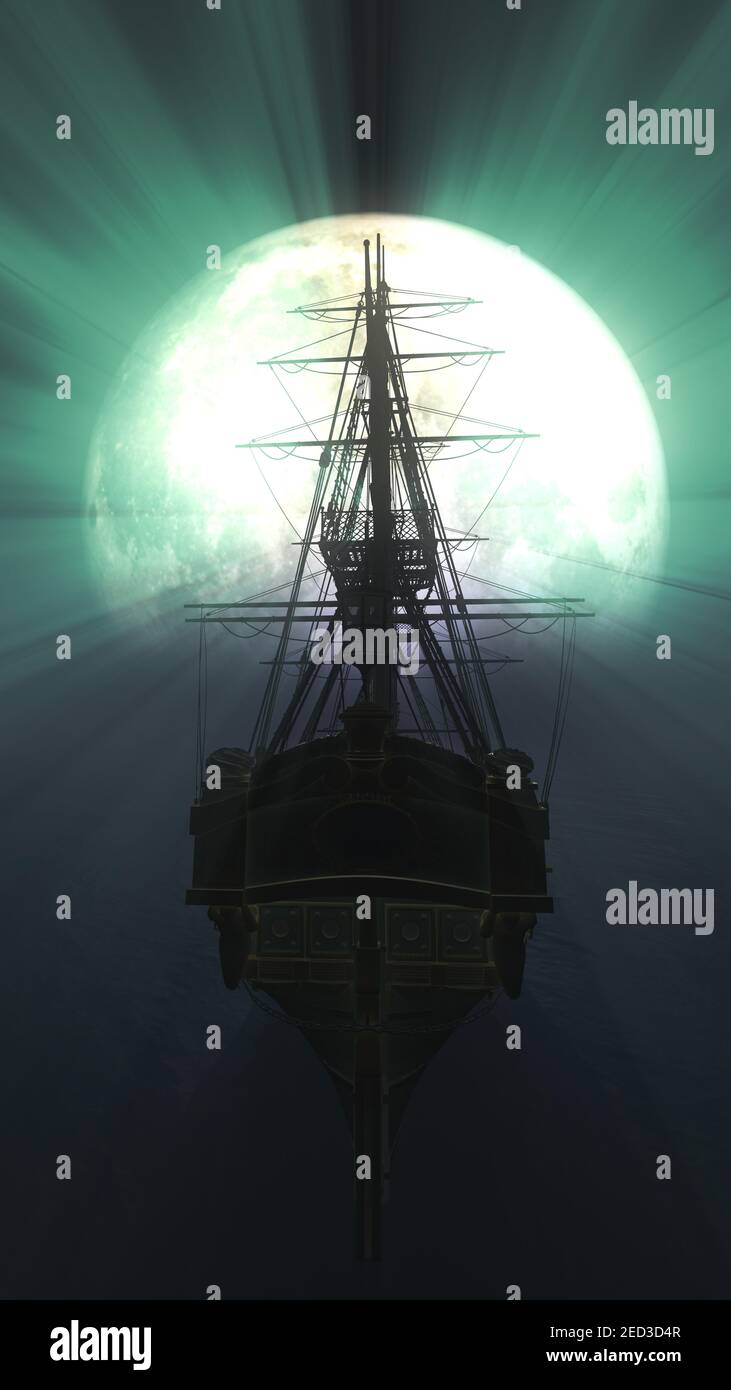old ship in sea full moon illustration 3d rendering Stock Photo - Alamy