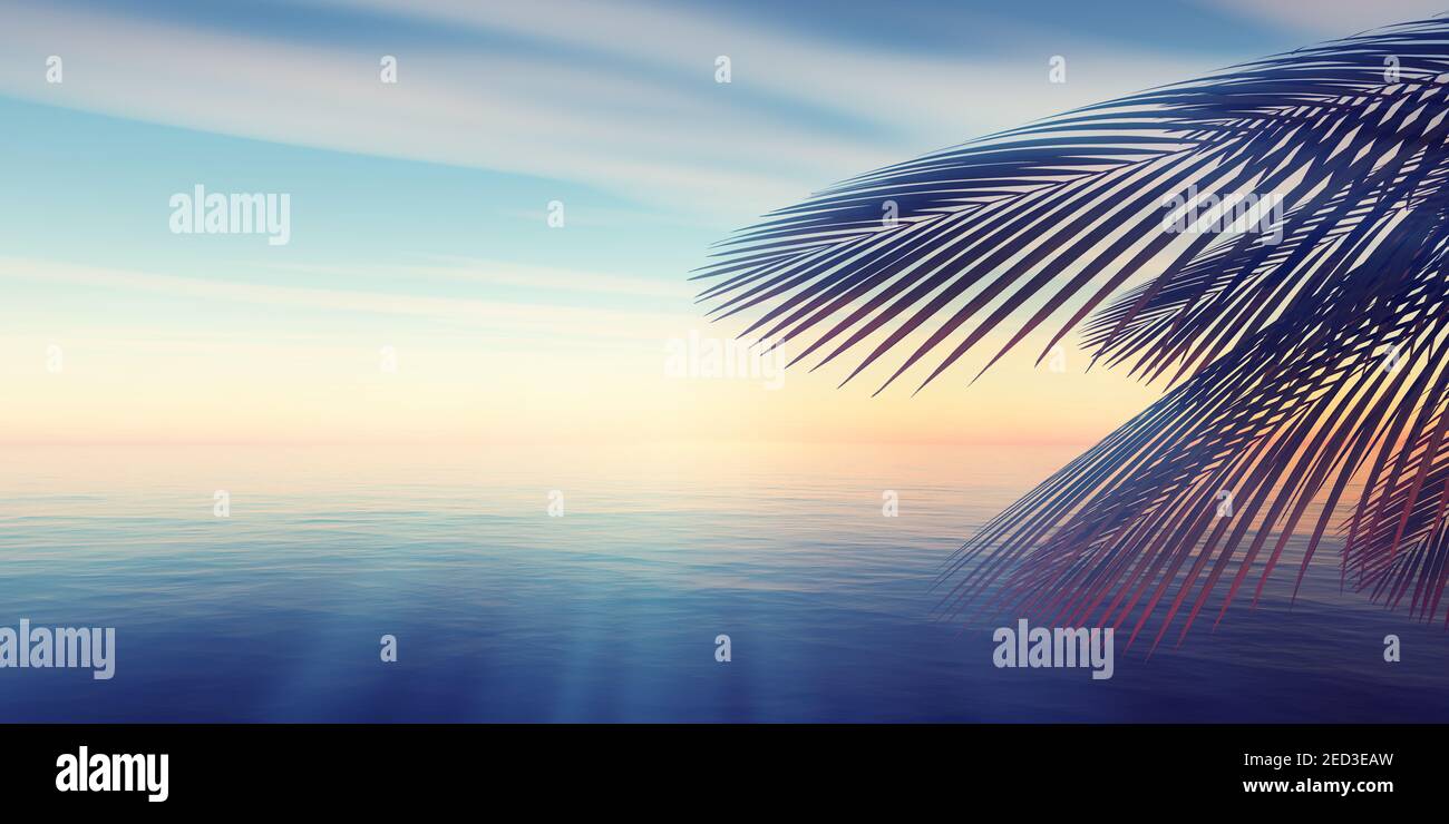 sunset sea palm landscape illustration, 3d render Stock Photo - Alamy