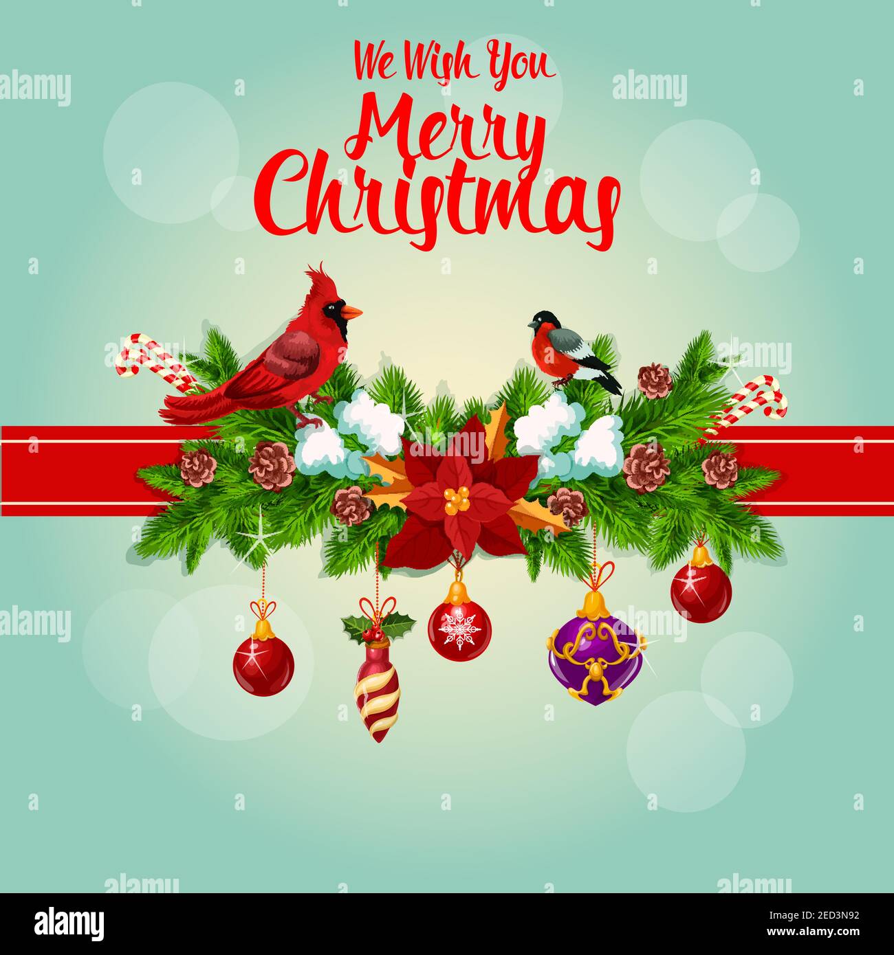 Merry Christmas greeting card tied with red cardinal birds, ribbon and ...