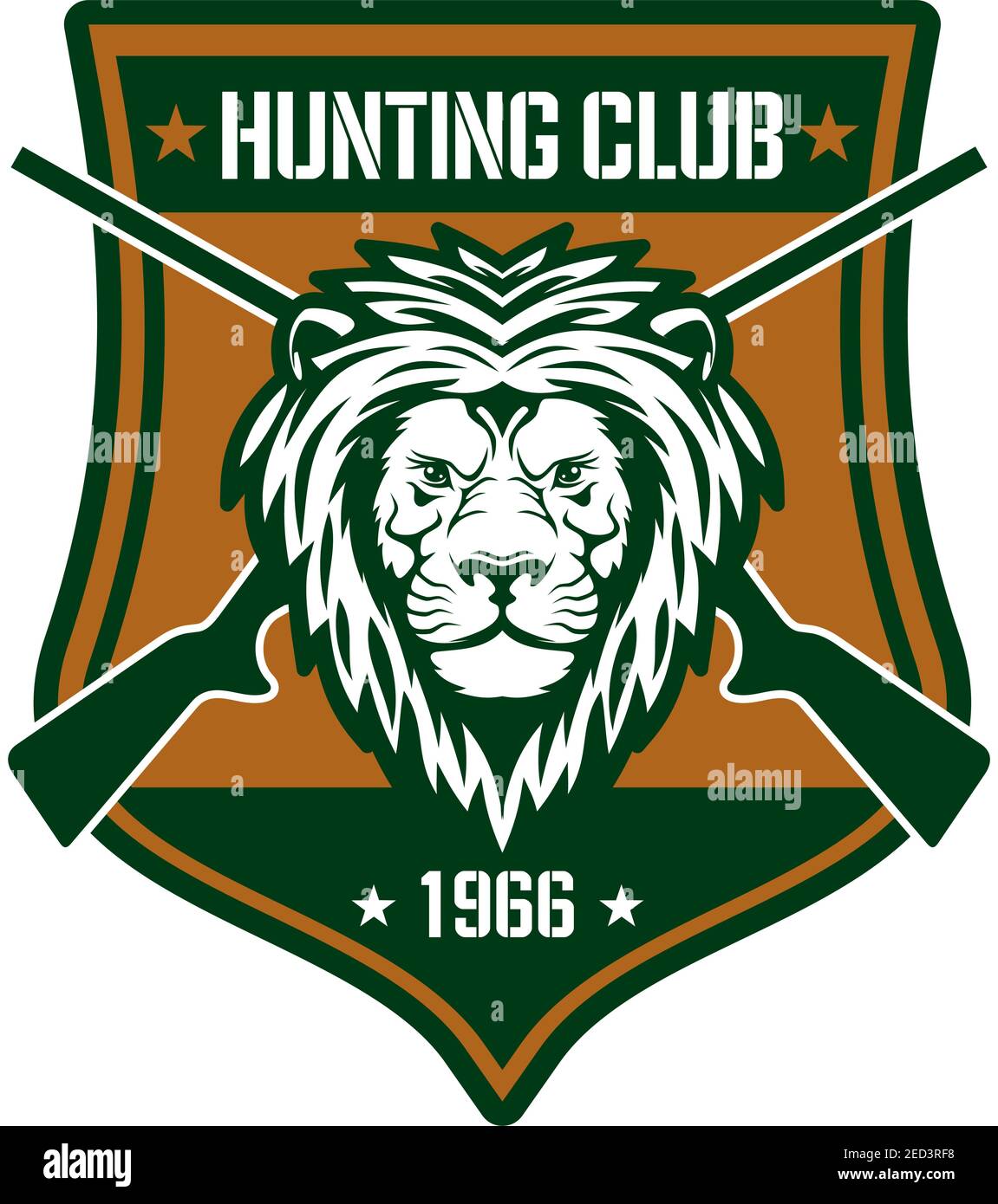 Hunting club heraldic symbol. Head of a lion with crossed sporting gun ...