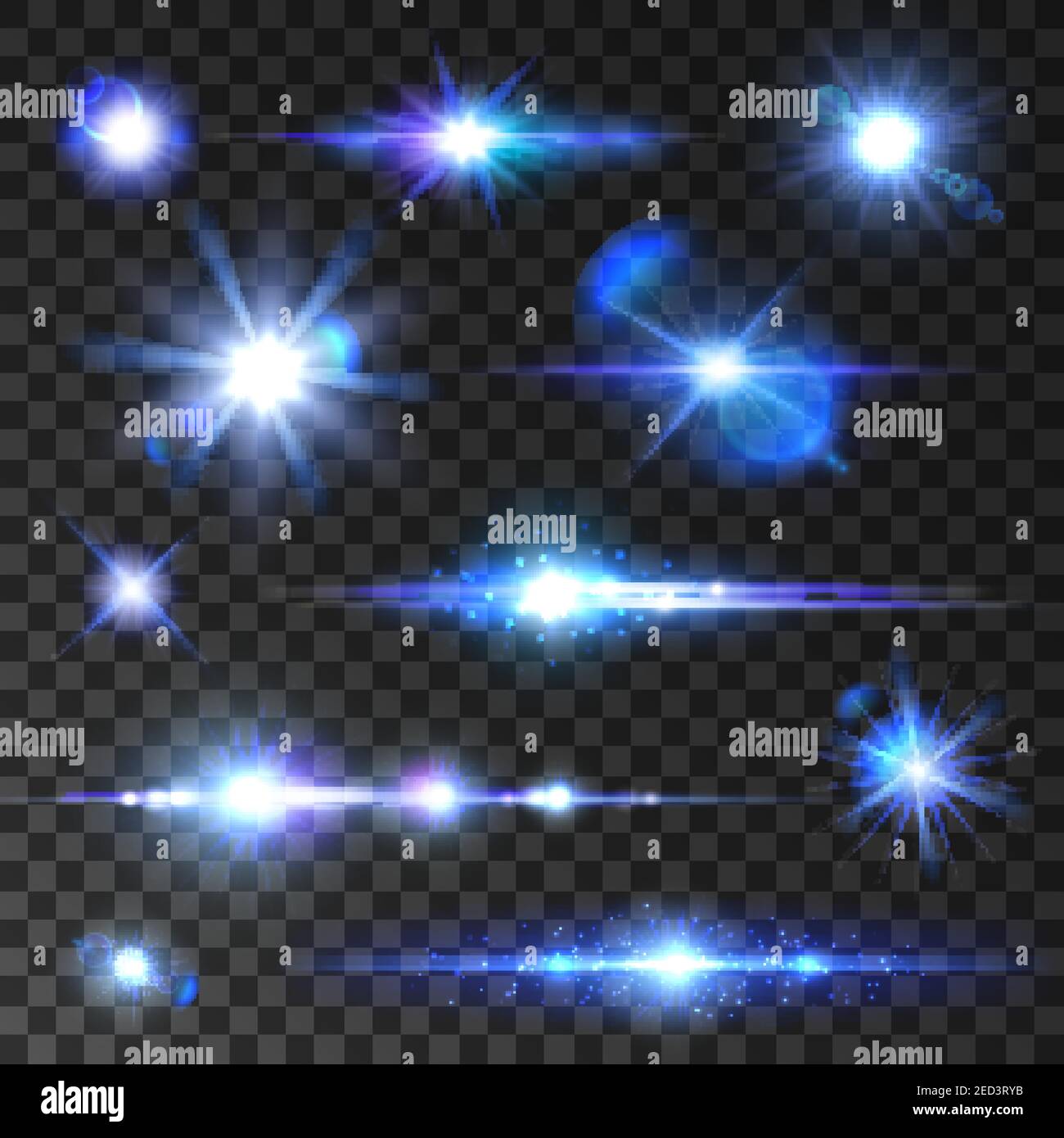 Sar shine set. Sining stars, glittering beams, blue neon light rays ...
