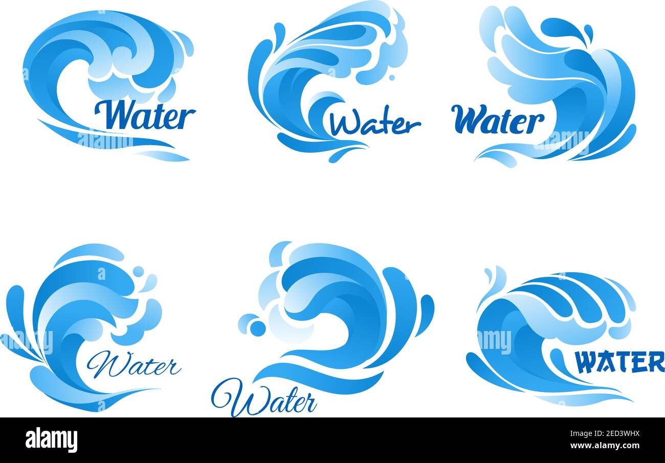 Wave of blue sea or ocean water icon set. Swirl of water wave symbol ...