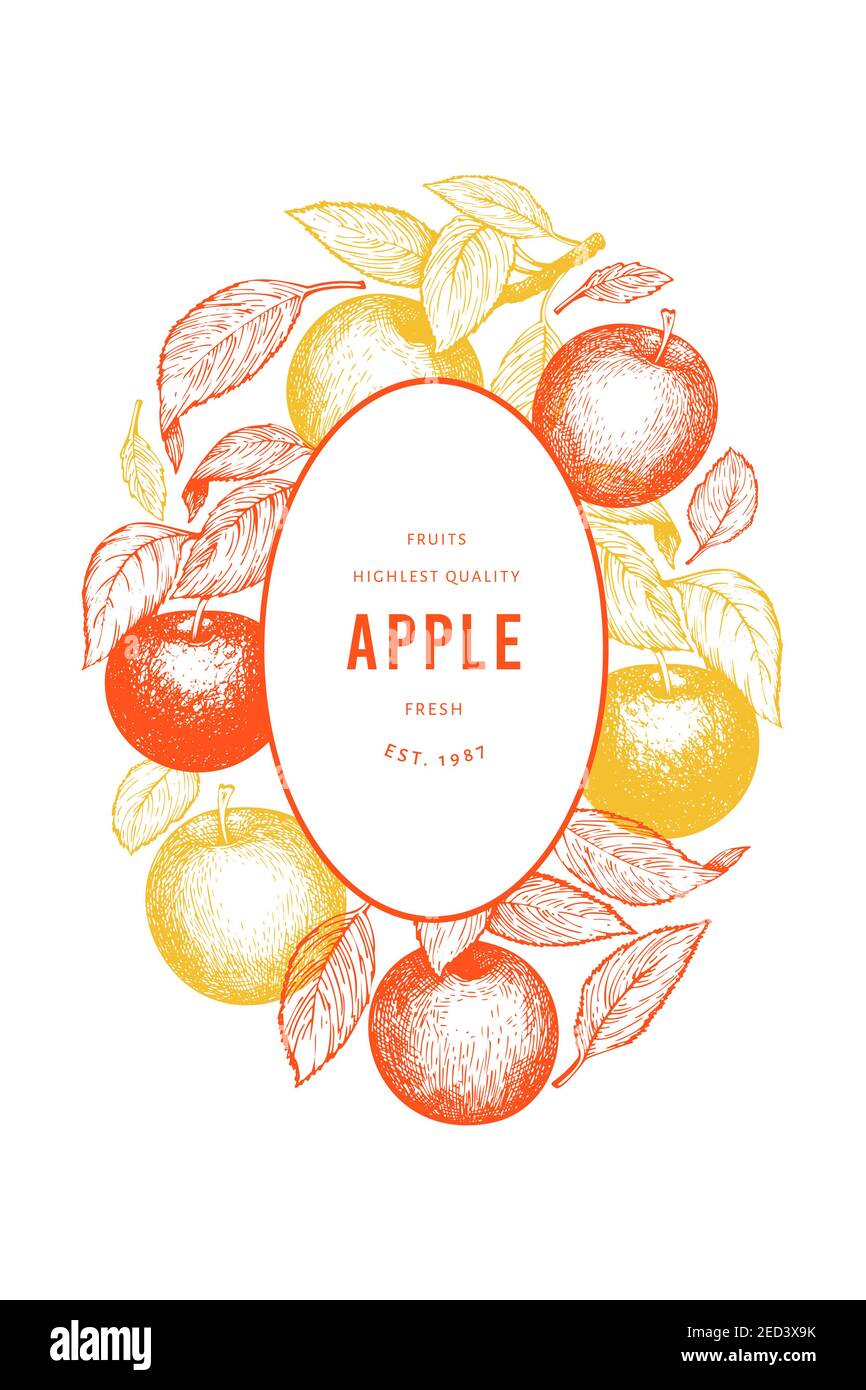 Apple branch design template. Hand drawn vector garden fruit ...