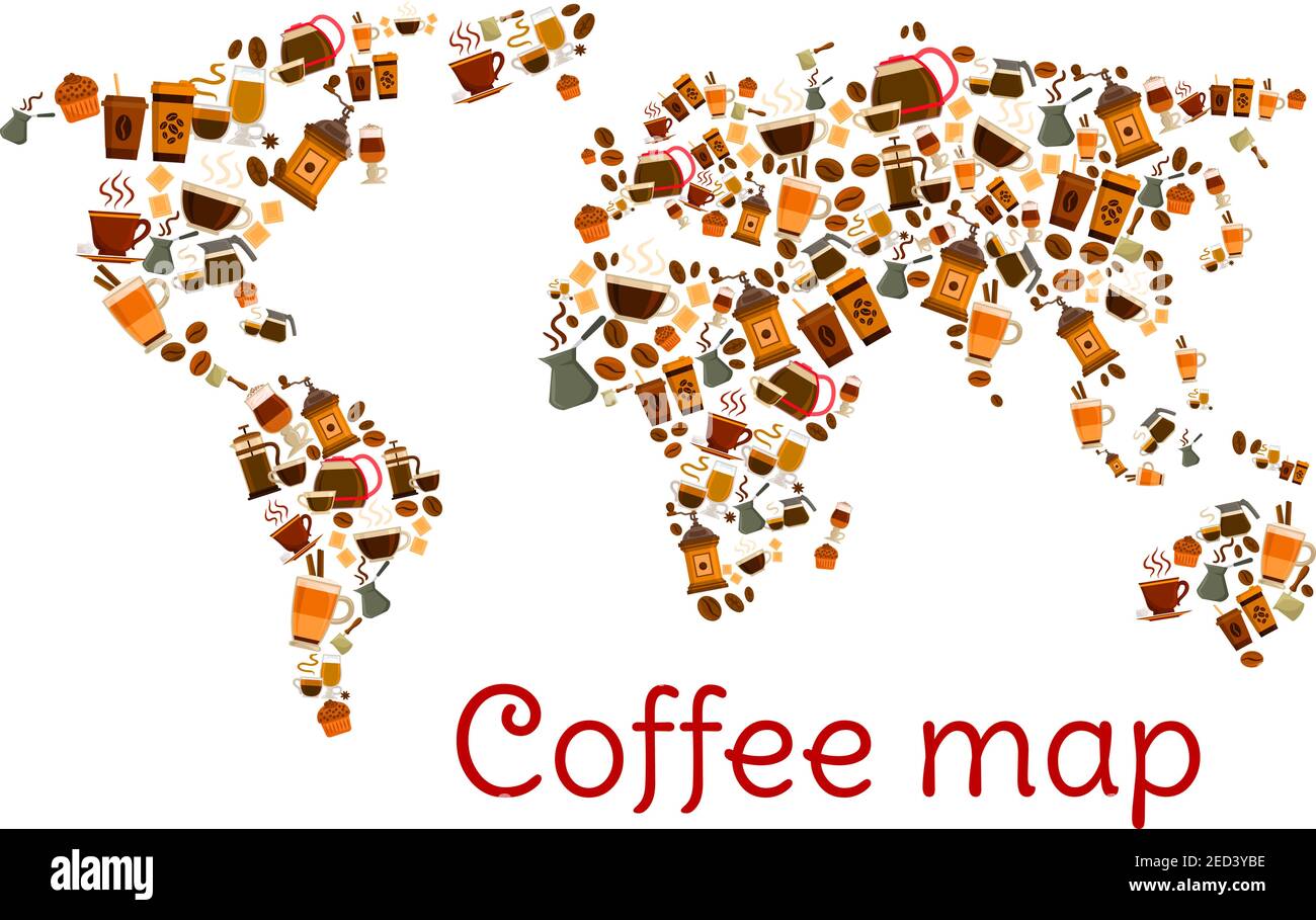 Coffee map poster. World card created of coffee cup, cappuccino mug ...