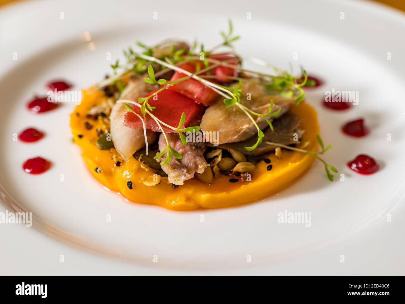 Fine dining plate of food: smoked mackerel, sweet potato puree ...