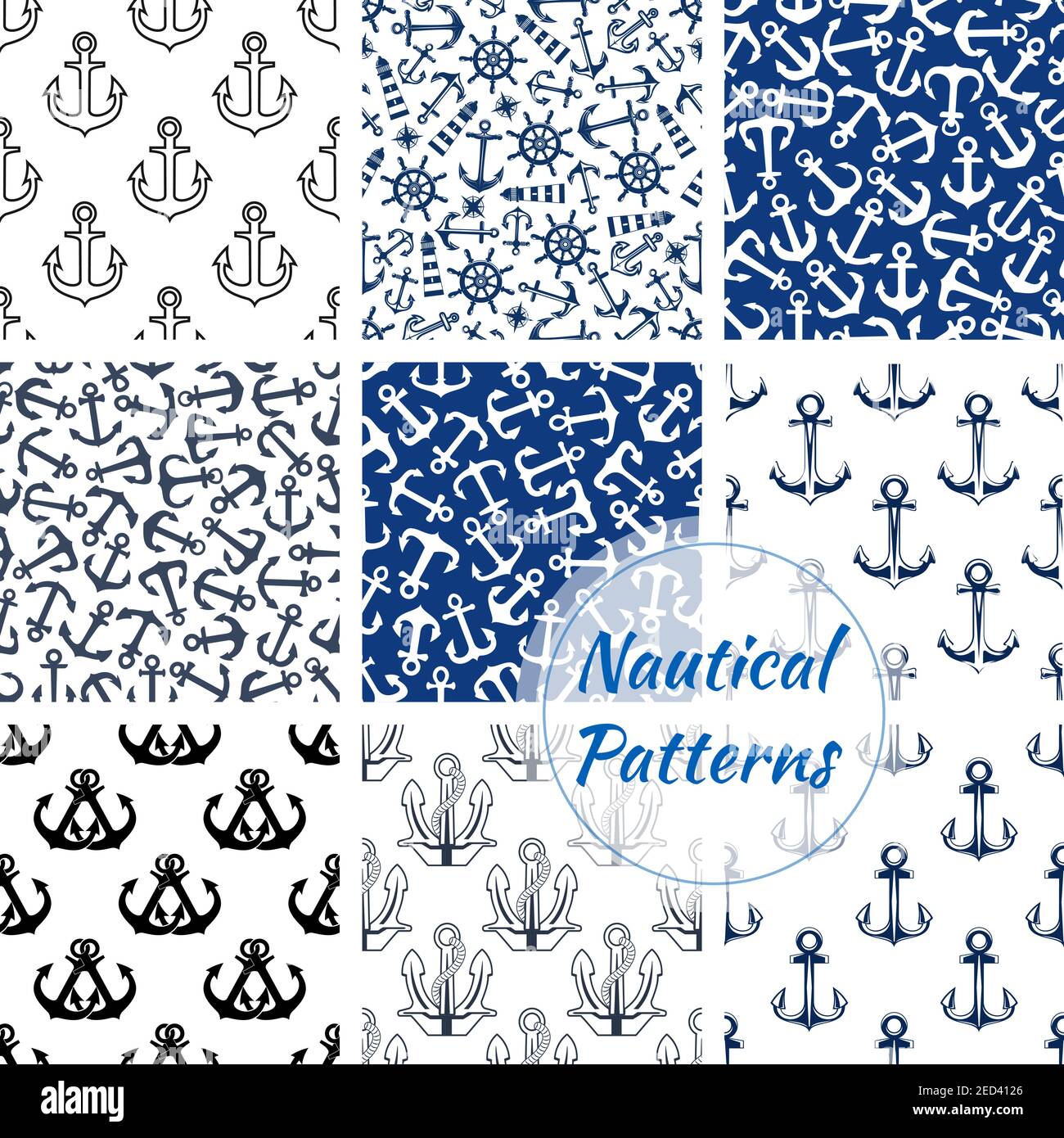 Nautical patterns set. Vector seamless marine background of ship anchor ...
