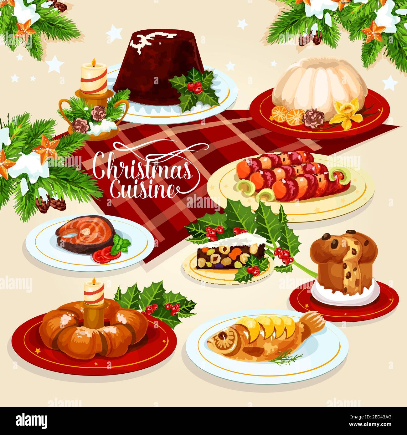 Christmas festive dishes menu icon of xmas pudding, sweet Christmas ...
