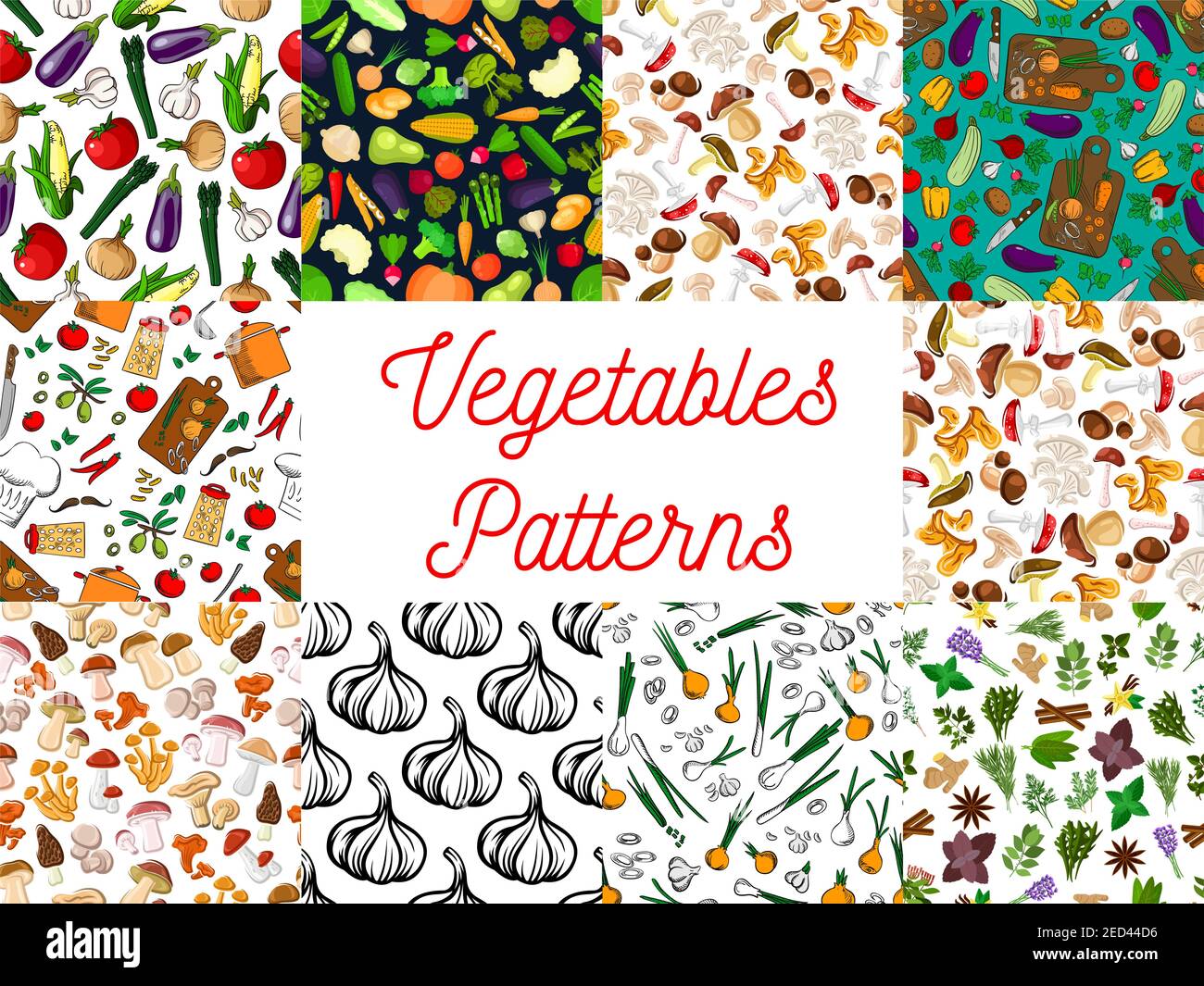 Vegetables patterns set. Vector seamless pattern of vegetable, mushroom ...