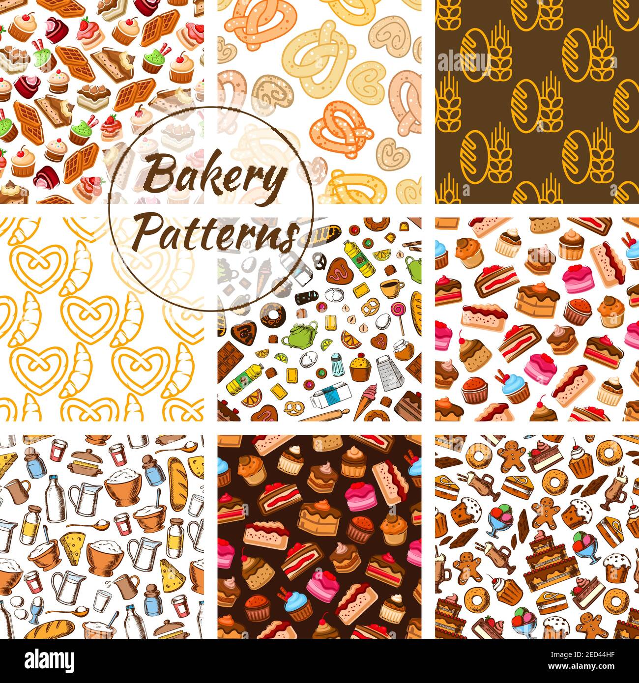 Bakery and pastry food seamless pattern background set. Bread, cake ...
