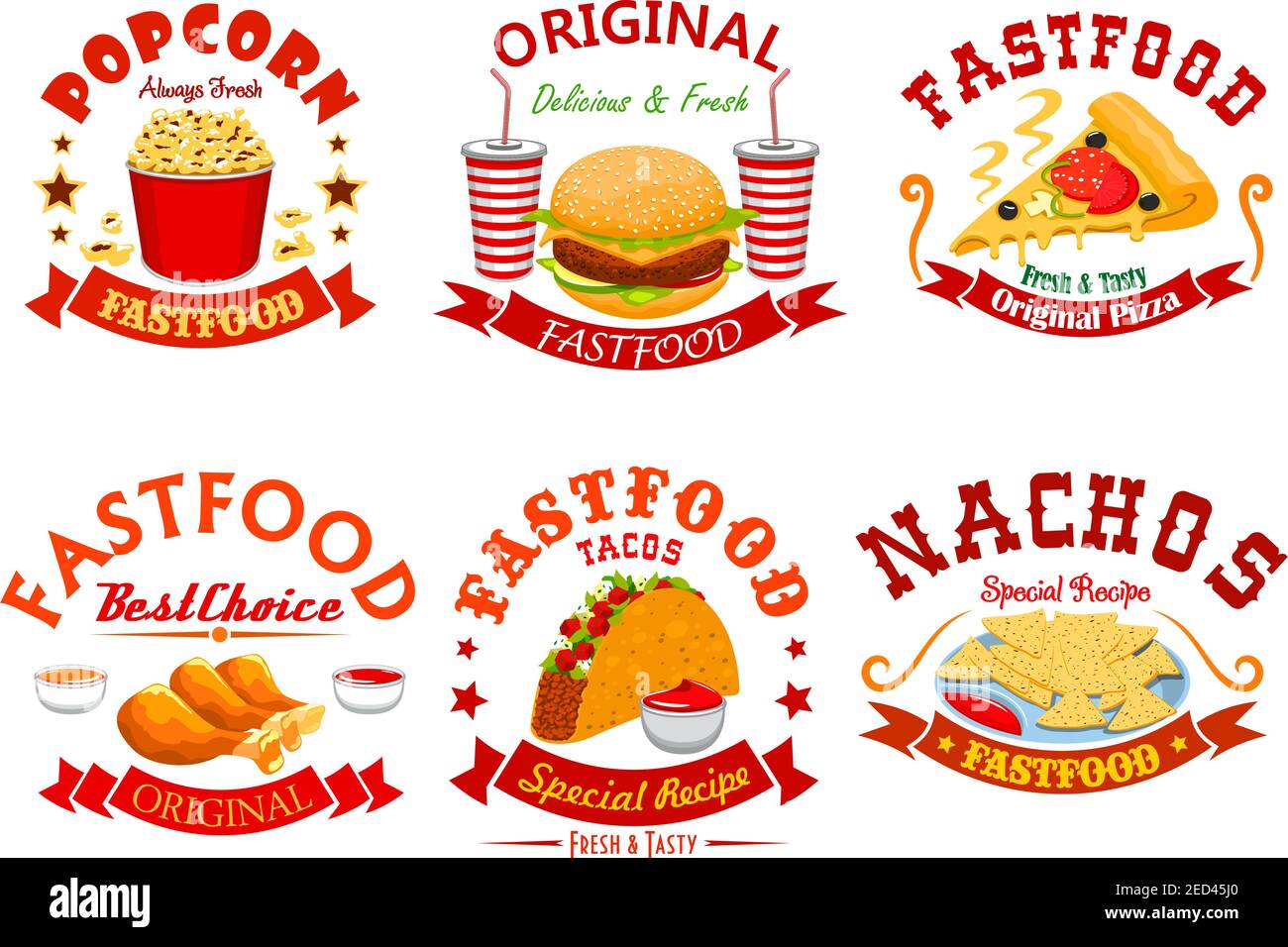 Fast food cafe badge set. Hamburger, pizza, soda cup, tacos, fried ...