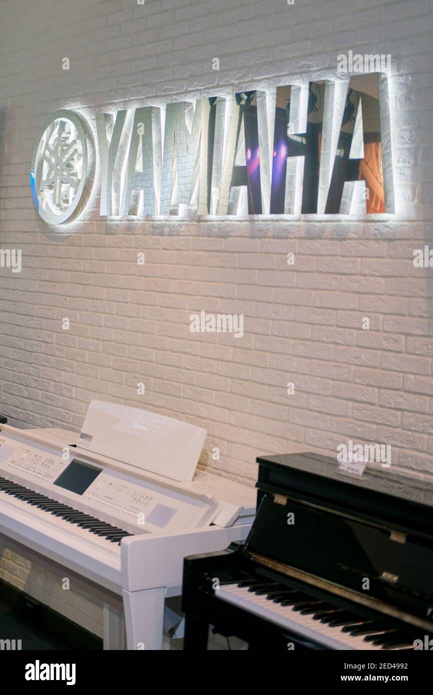 Yamaha brand logo on the wall of a synthesizer and hybrid electric ...
