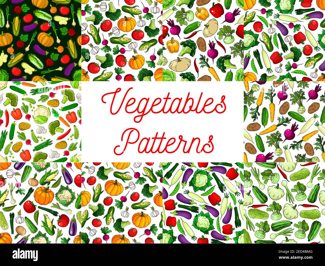 Vegetables patterns set. Background of vegetable icons. Seamless vegan ...