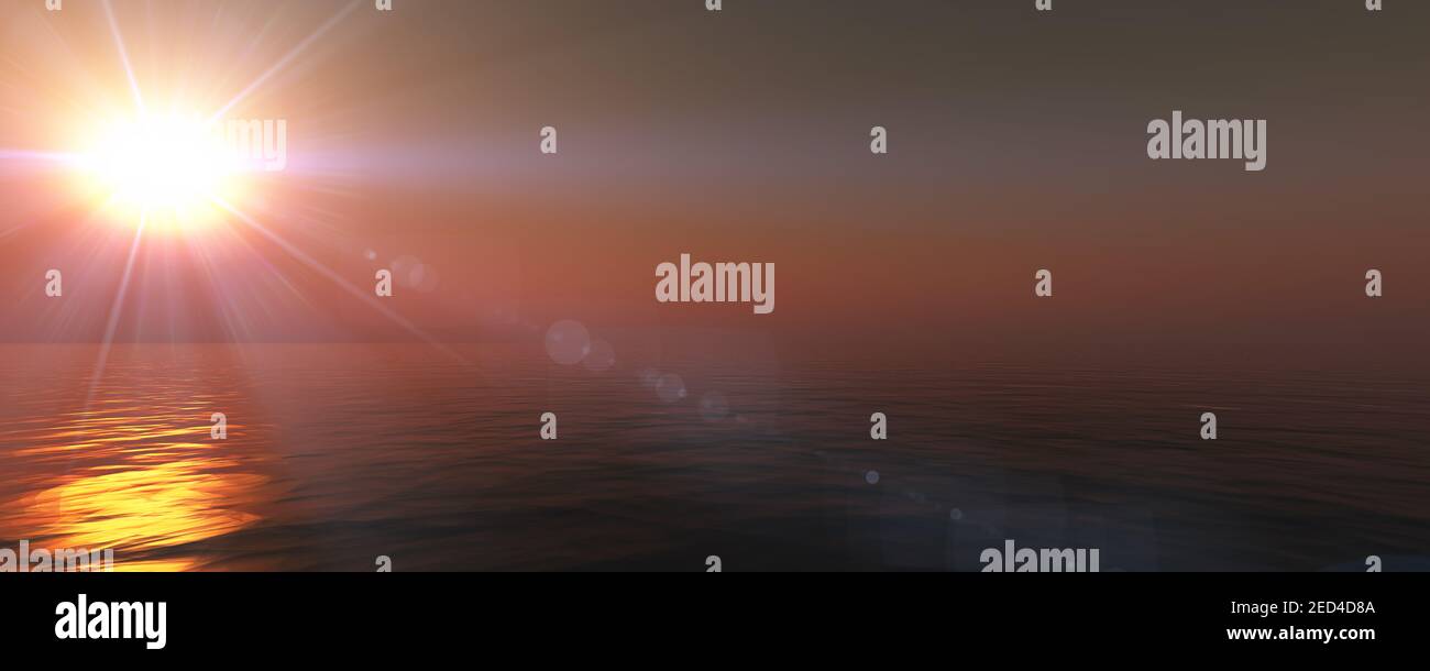 sunset sea sun ray clear sky, 3d rendering illustration Stock Photo - Alamy