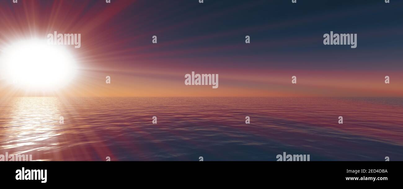 sunset sea sun ray clear sky, 3d rendering illustration Stock Photo - Alamy