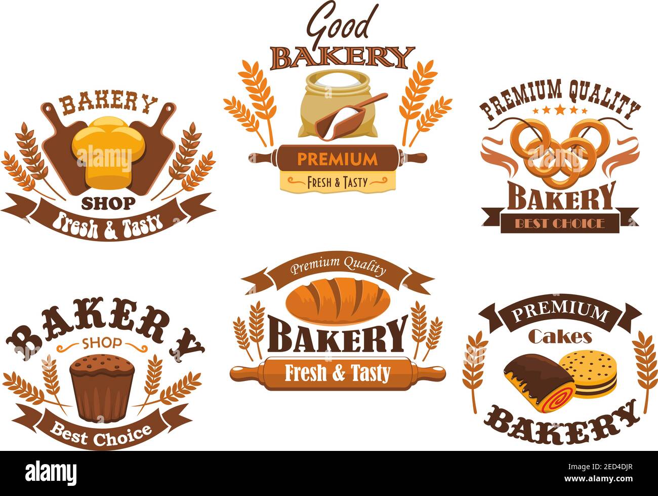 Bakery shop signs of bread, pastry, desserts. Vector isolated bakery ...