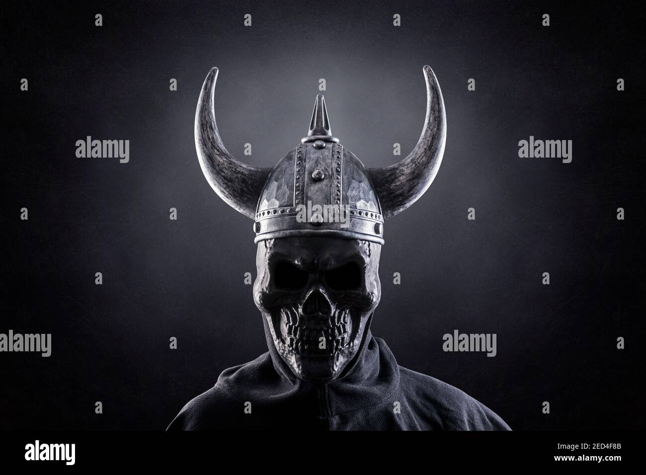 Skeleton warrior with horned helmet in the dark Stock Photo - Alamy