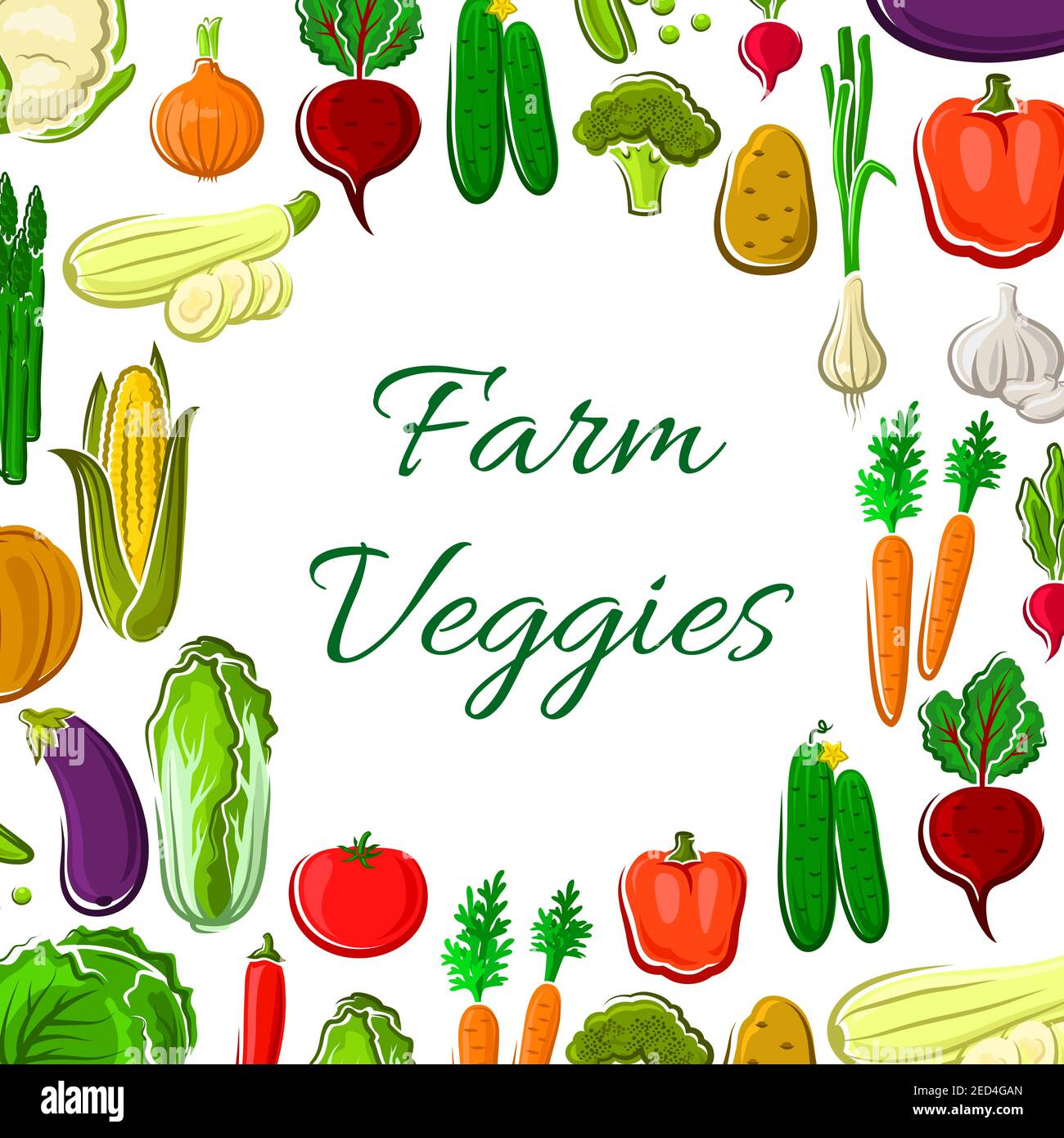 Farm vegetable poster. Fresh veggies with pepper and tomato, carrot ...