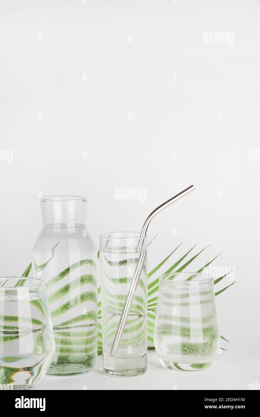 palm leaf distorted through water in glasses and bottle with reusable ...
