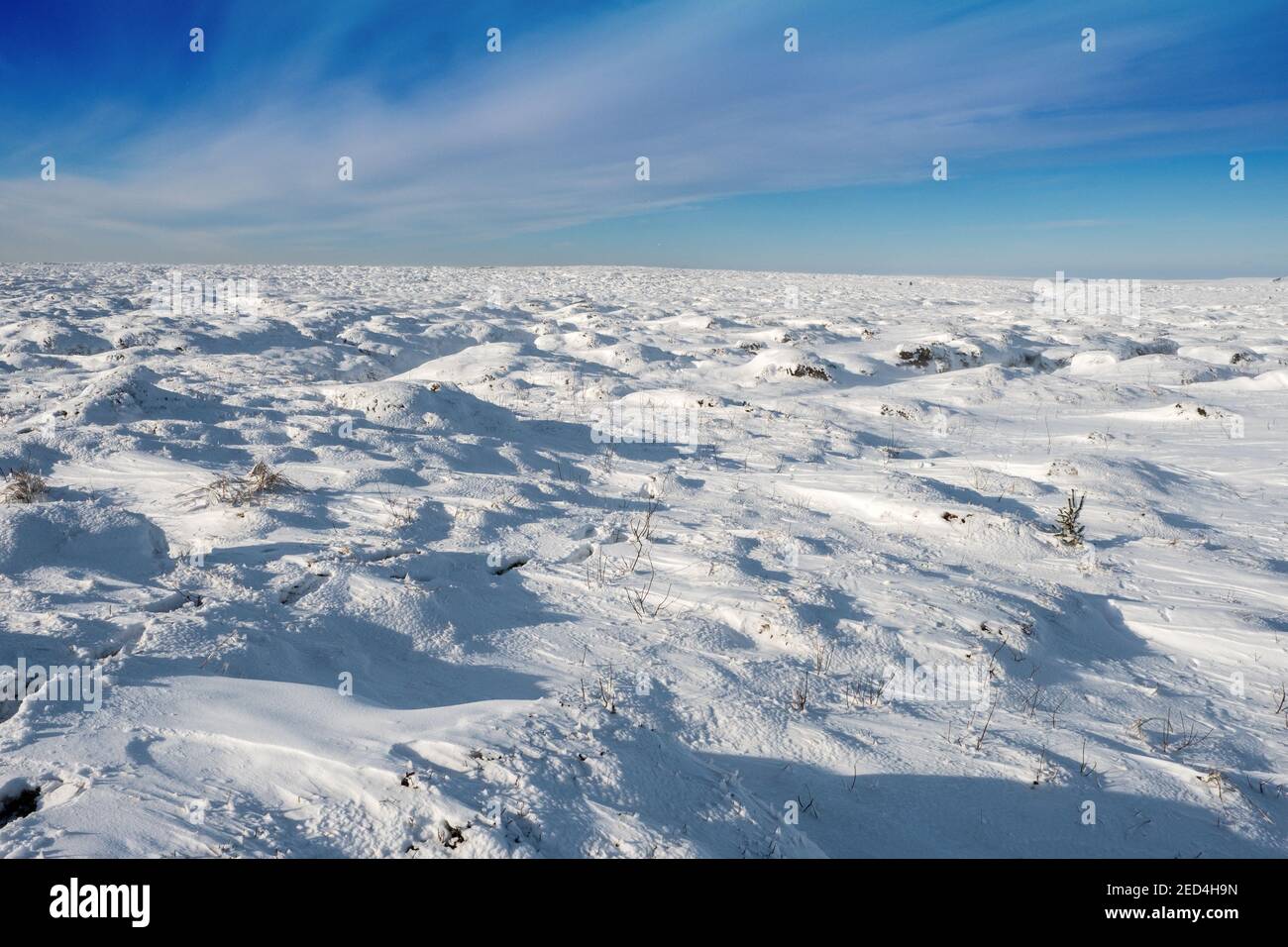The snow covered plateau of Kinder Scout in the Peak District National ...